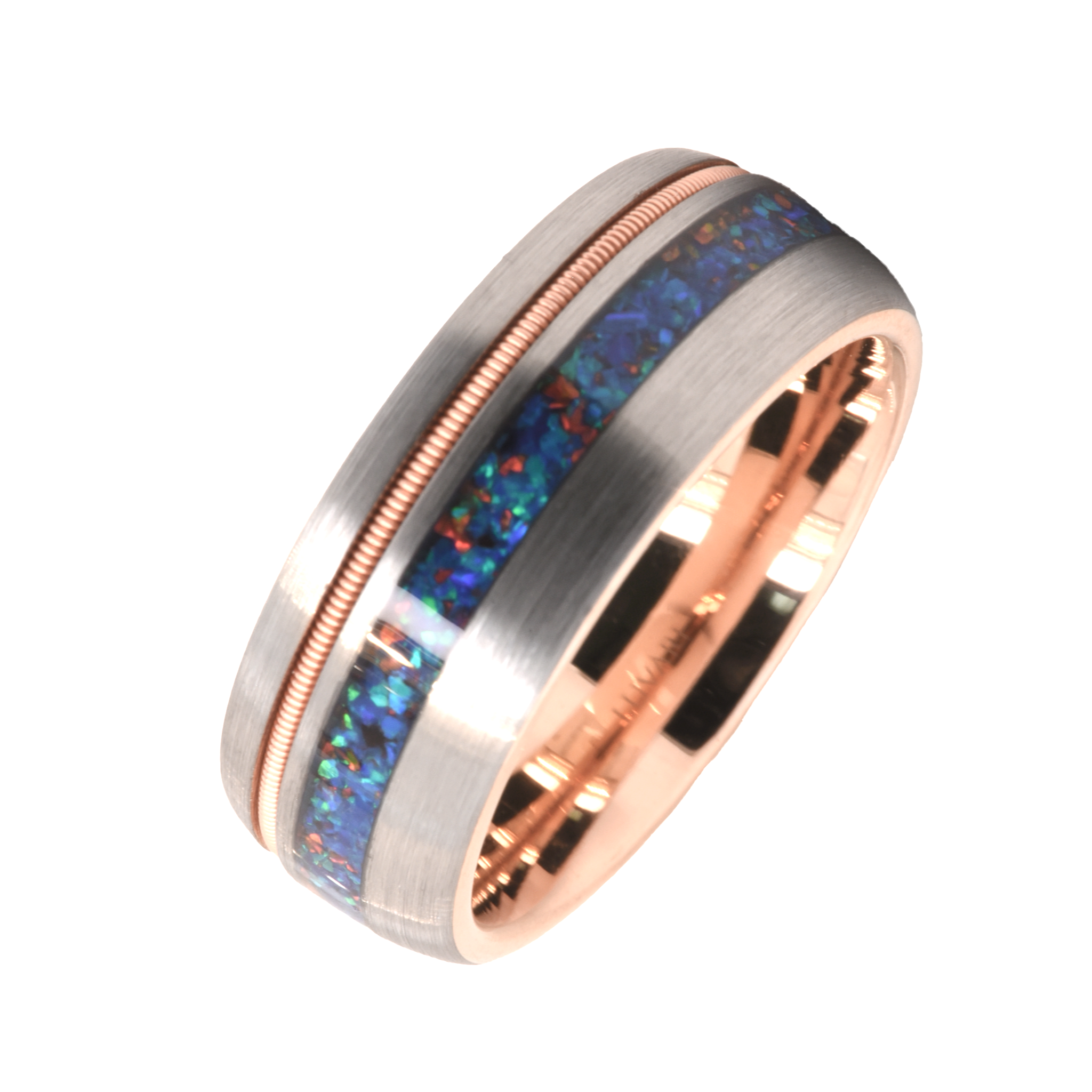 Gray Tungsten Carbide Wedding Band – Opal & Guitar String Inlay – 8mm ...